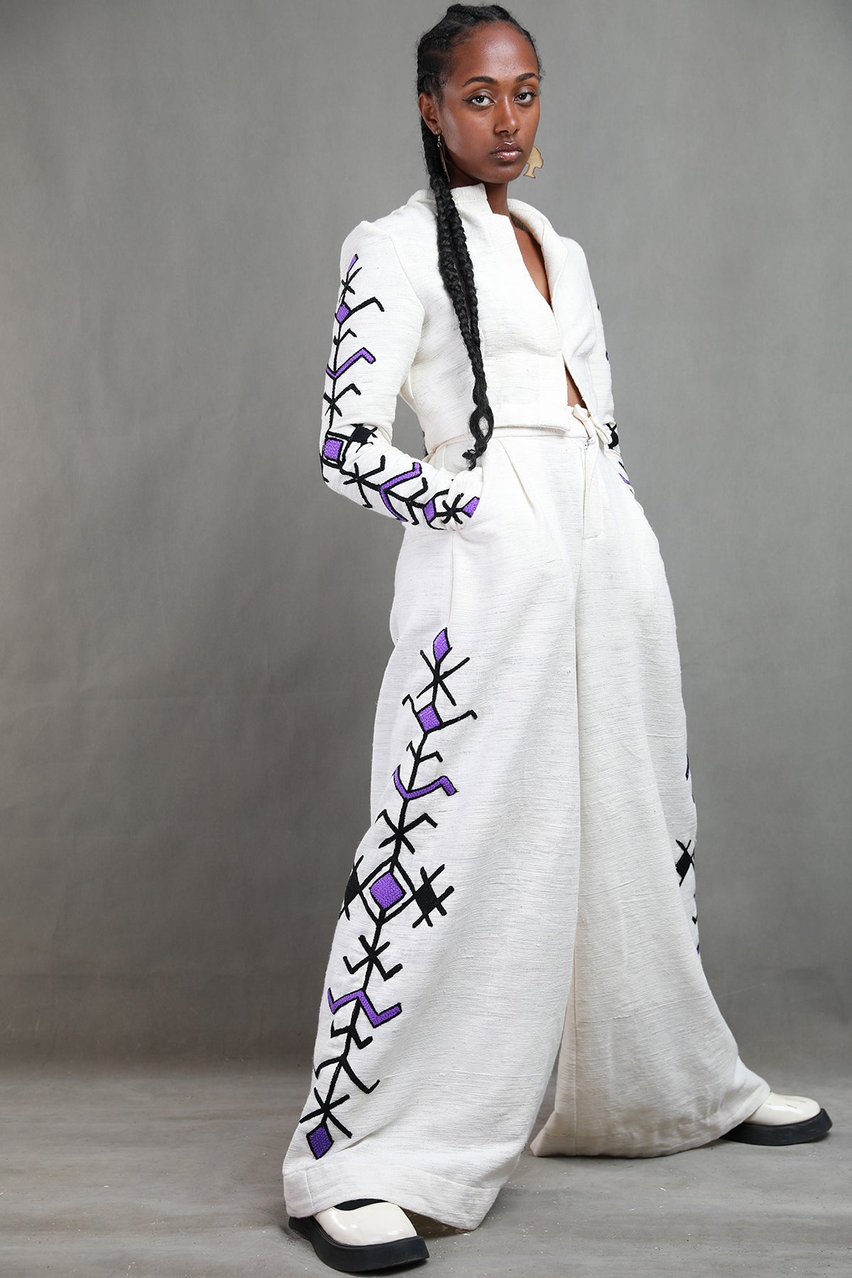 Black with Purple Design Crop top coat with trouser Habesha Libs , Mod – DAGMAWIT™